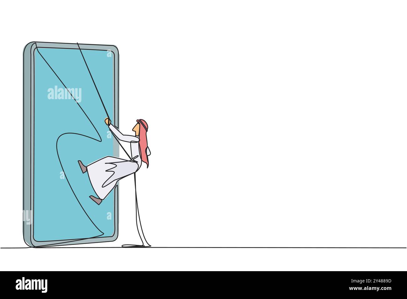 Single continuous line drawing Arab businessman climbs smartphone with ...