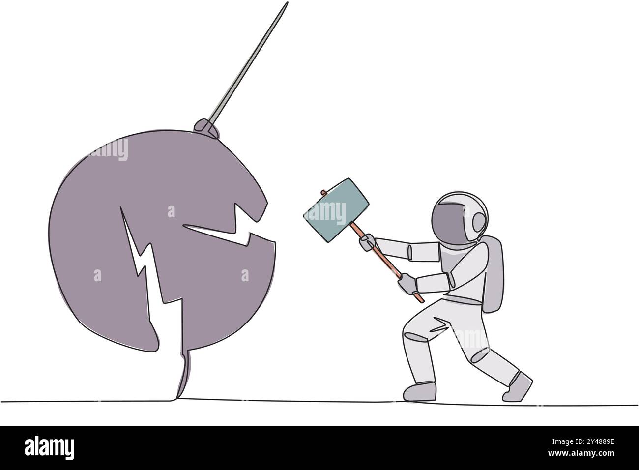 Continuous one line drawing astronaut preparing to hit big swinging ...