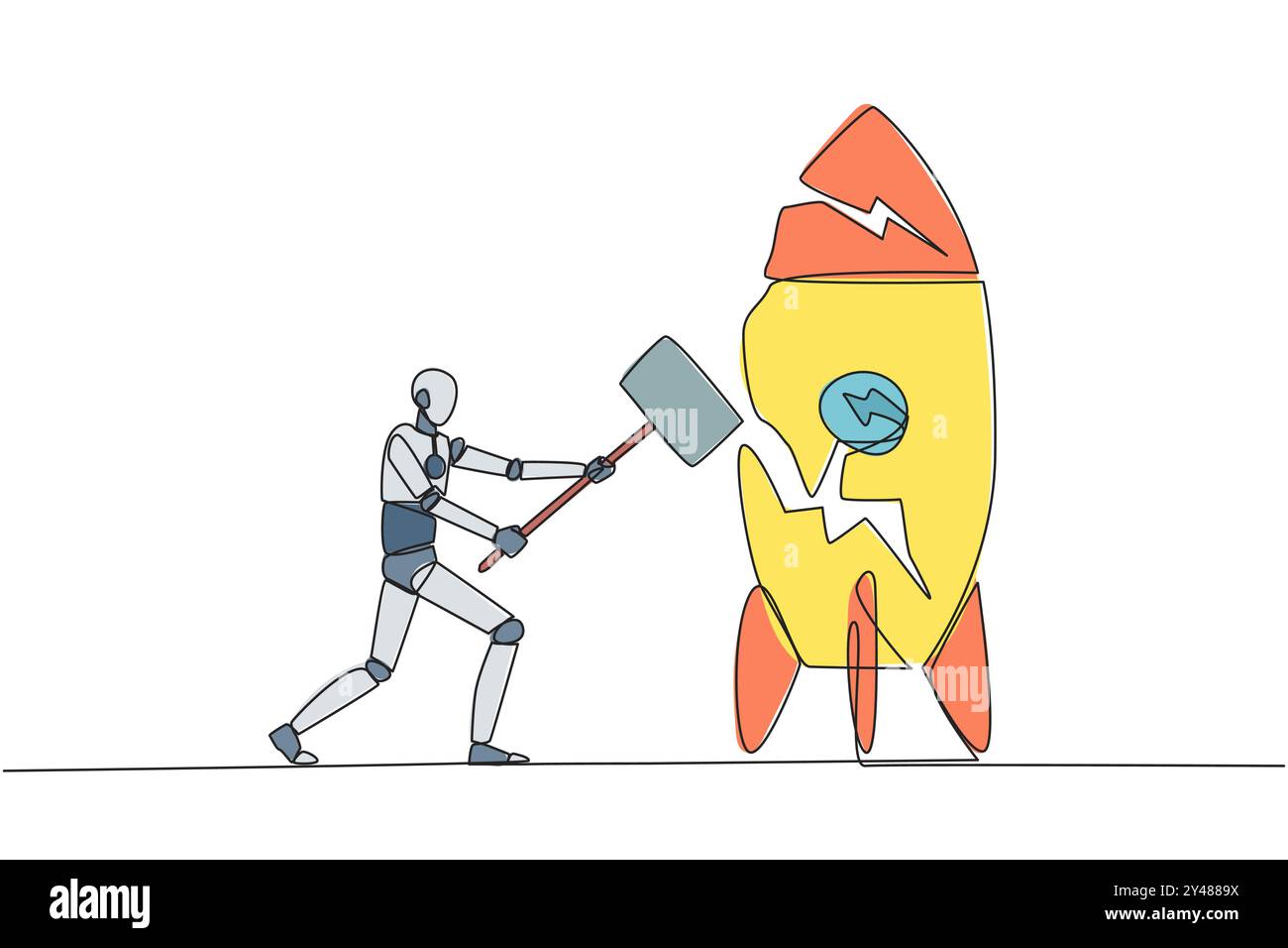 Single one line drawing smart robotic preparing to hit a standing ...