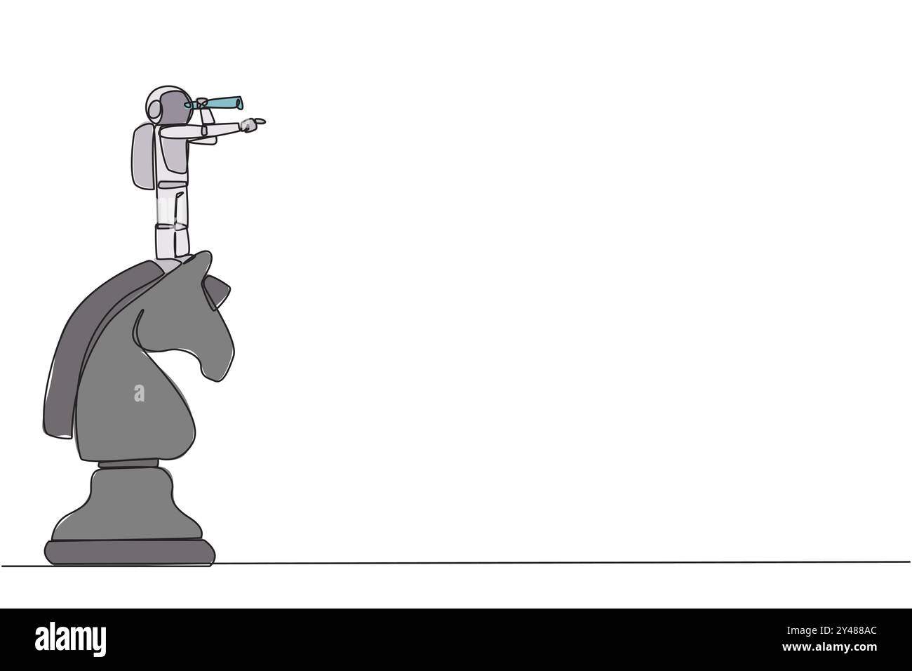 Single continuous line drawing young energetic astronaut on top of big horse chess piece using ...