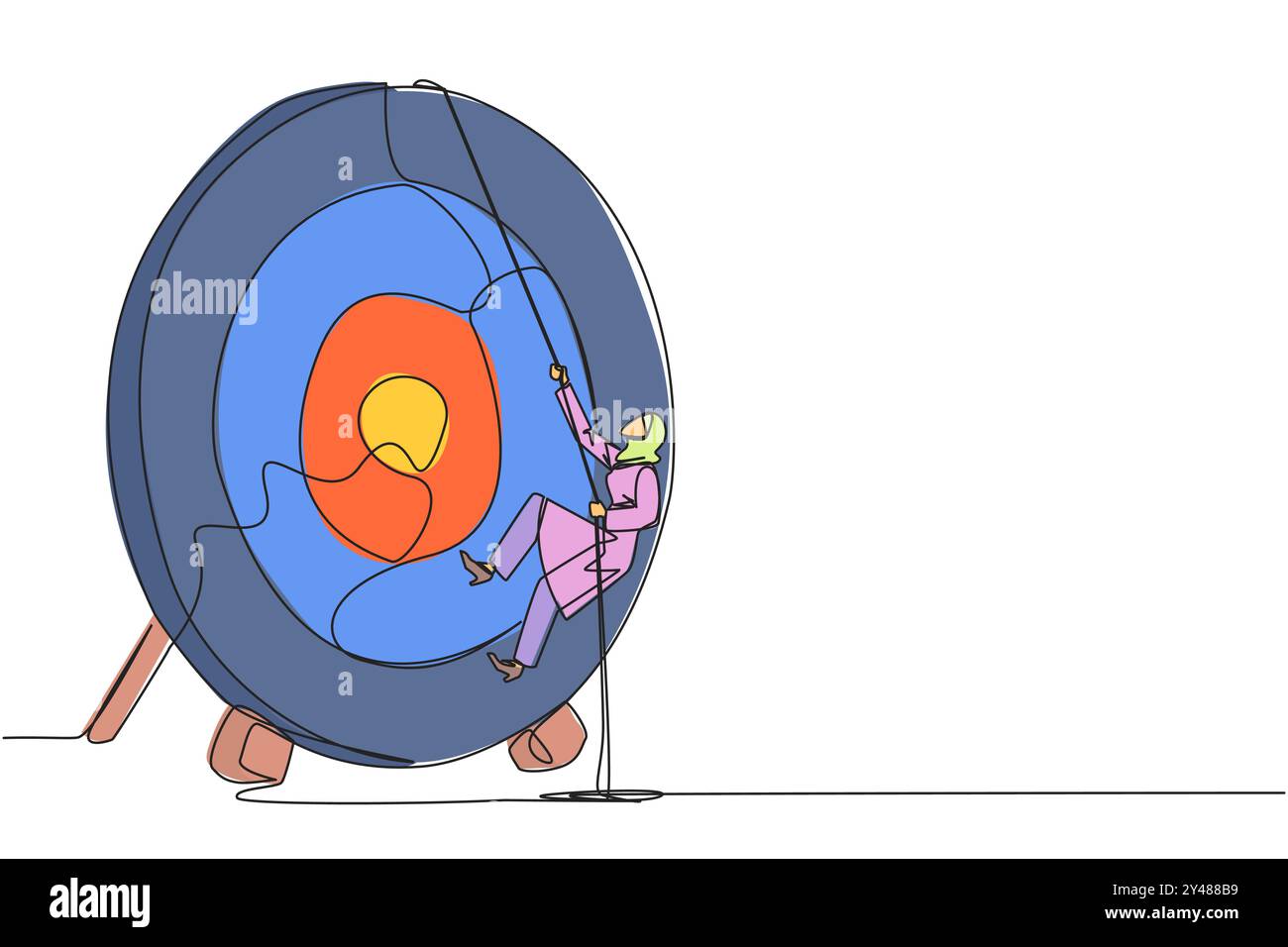 Continuous one line drawing Arab businesswoman climbs arrow board ...