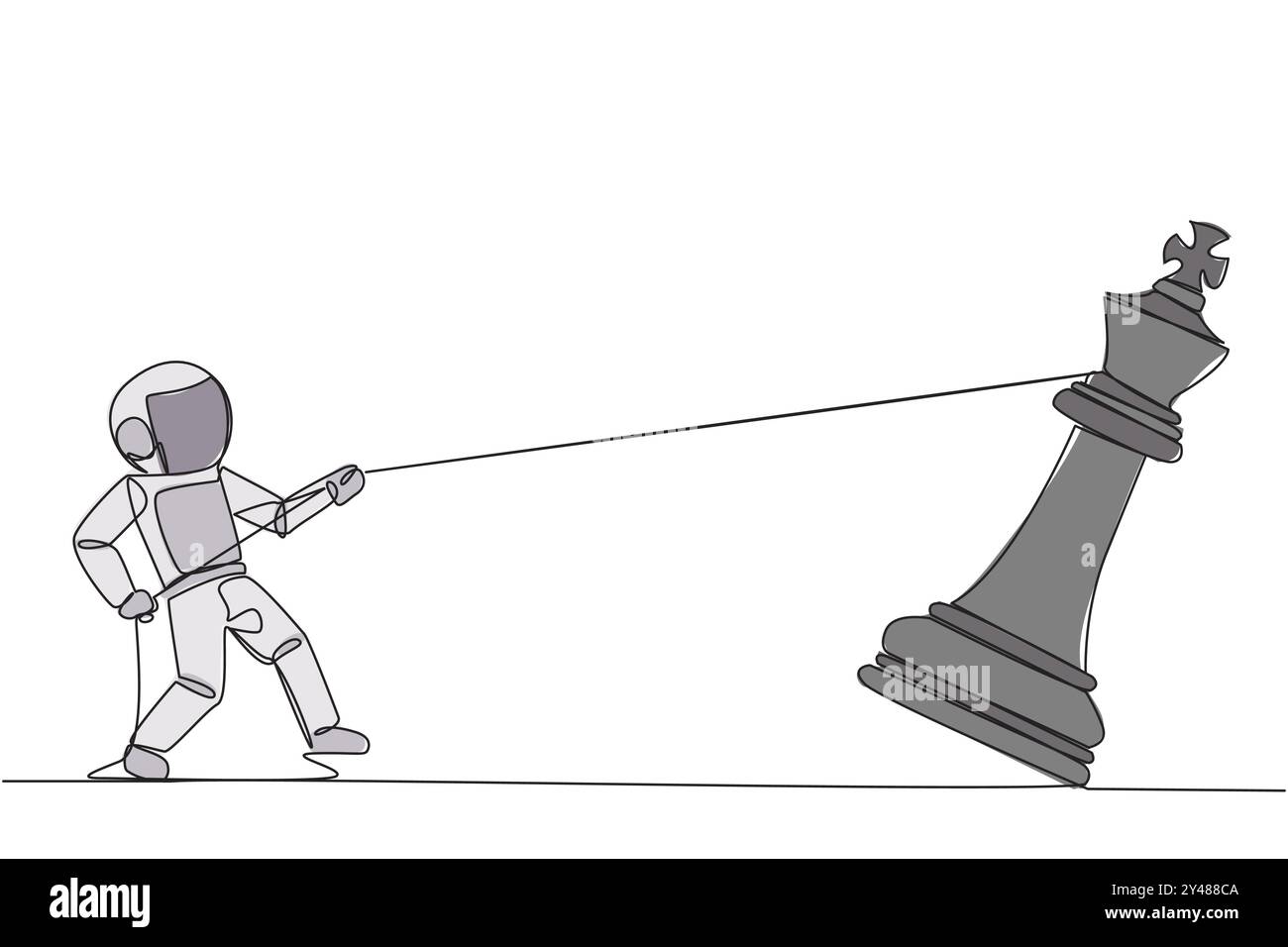 Continuous one line drawing young energetic astronaut pulling big king chess with rope. Business ...