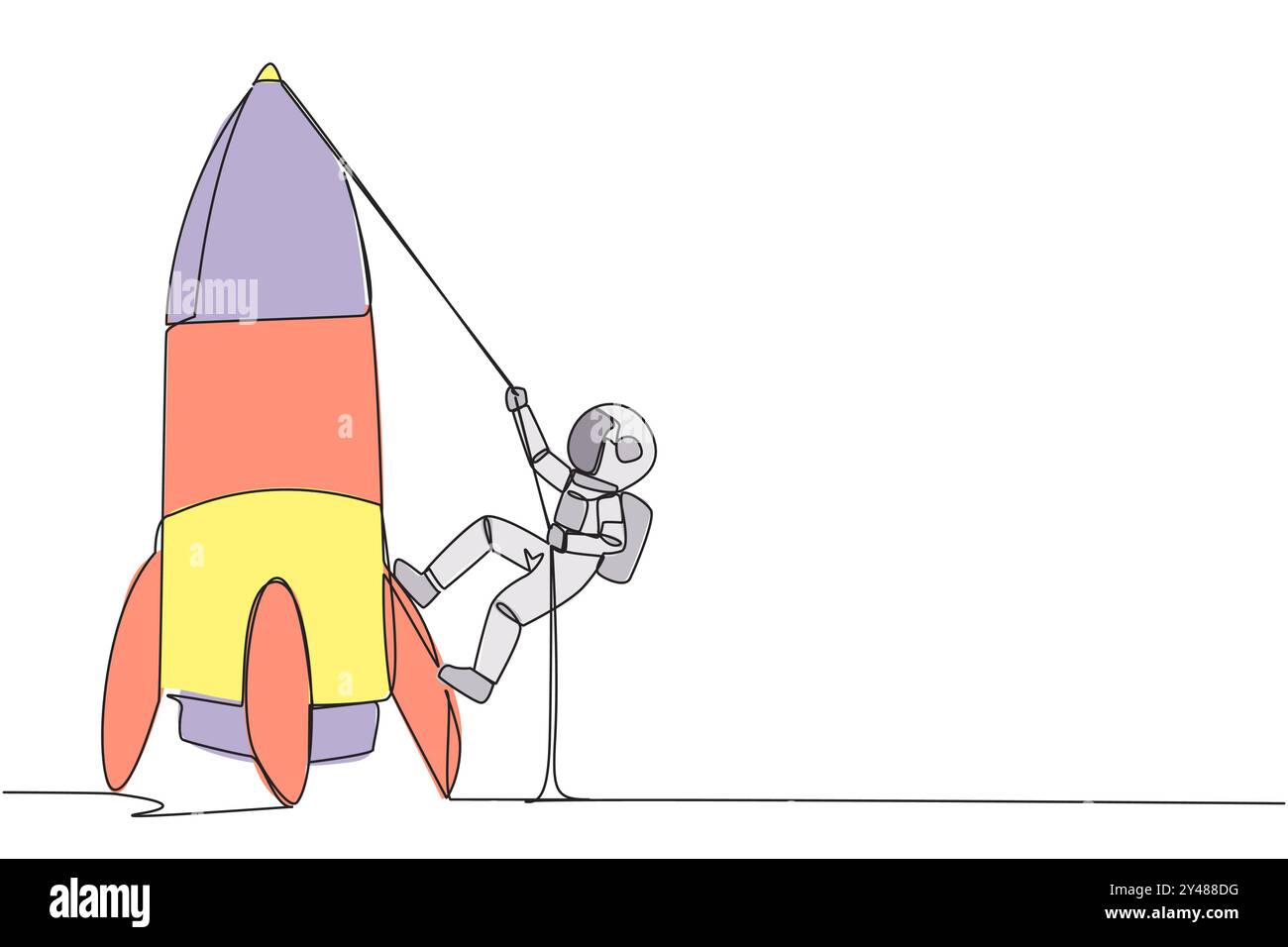 Single one line drawing young astronaut climbs rocket with rope. Set ...