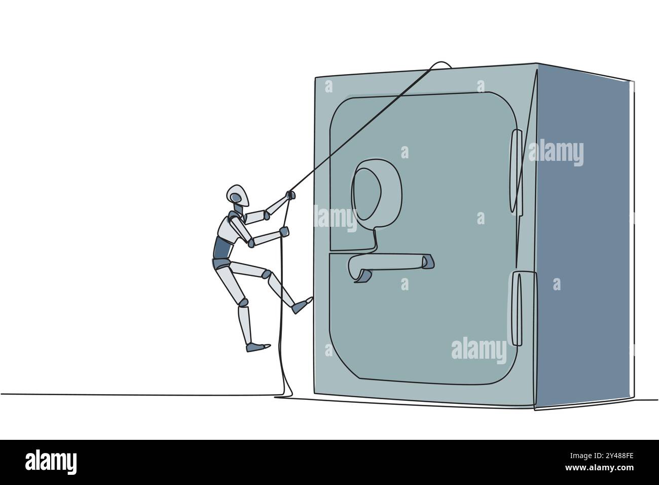 Continuous one line drawing smart robot climbs safe deposit box with ...