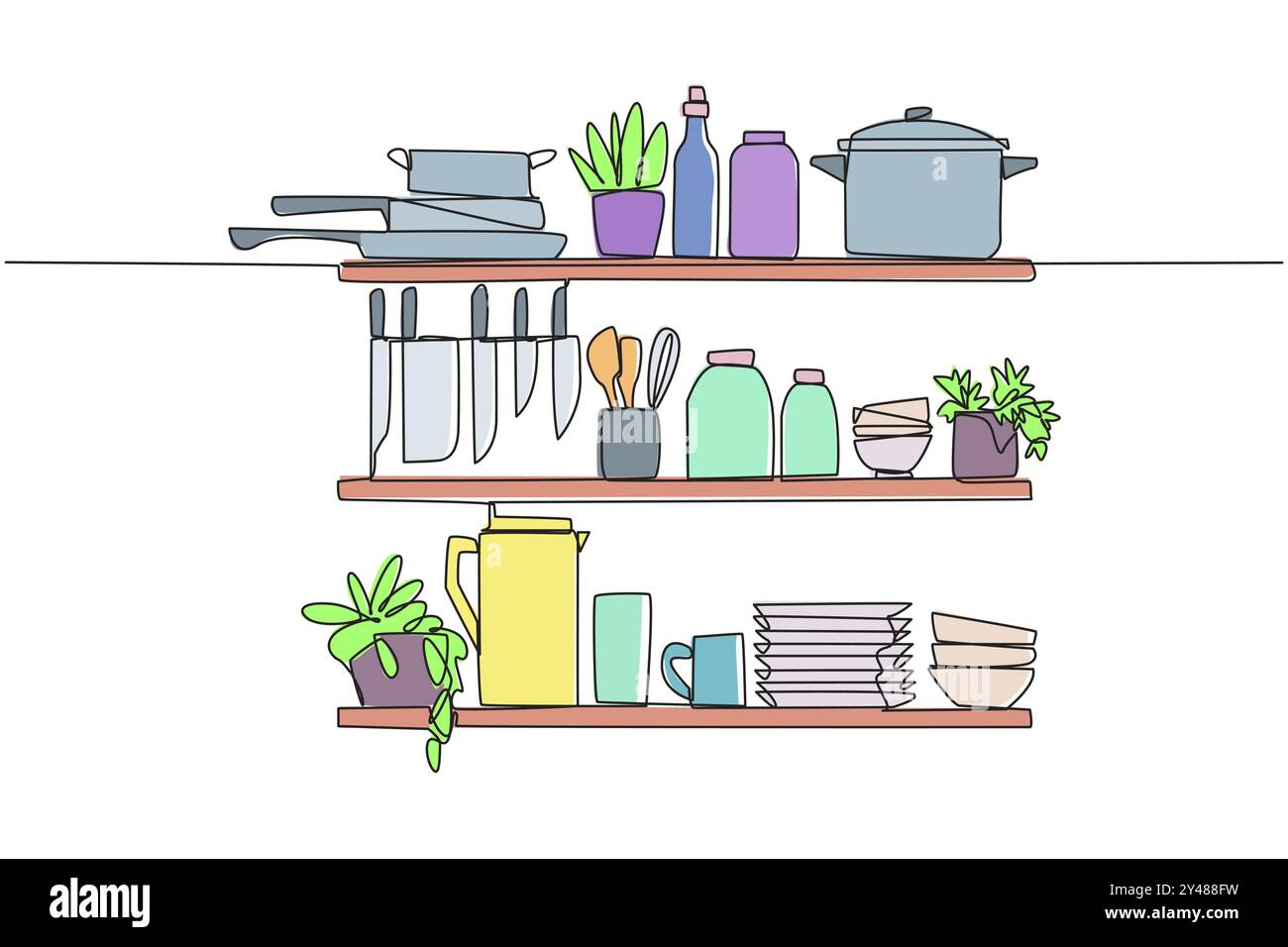 Continuous one line drawing Cooking utensils in one vector image. The ...