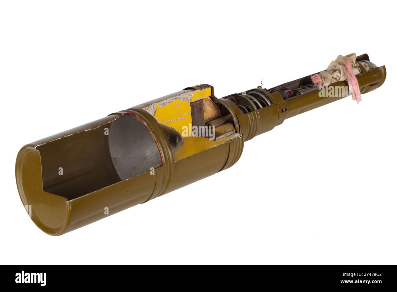 RKG-3 Soviet anti-tank handheld shaped-charge grenade. Cutaway dummy version. Isolated on white ...