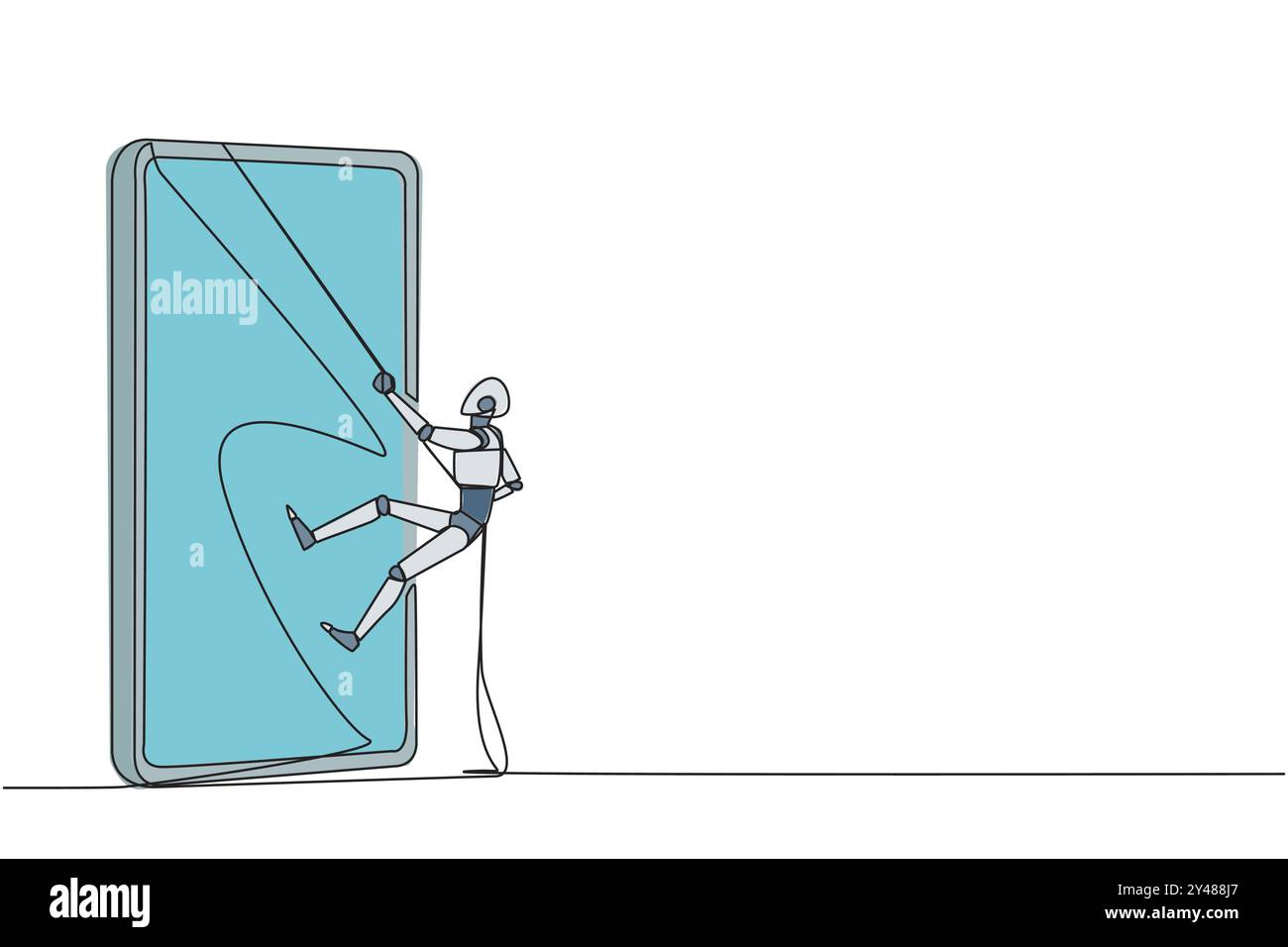 Single one line drawing smart robot climbing smartphone with rope ...