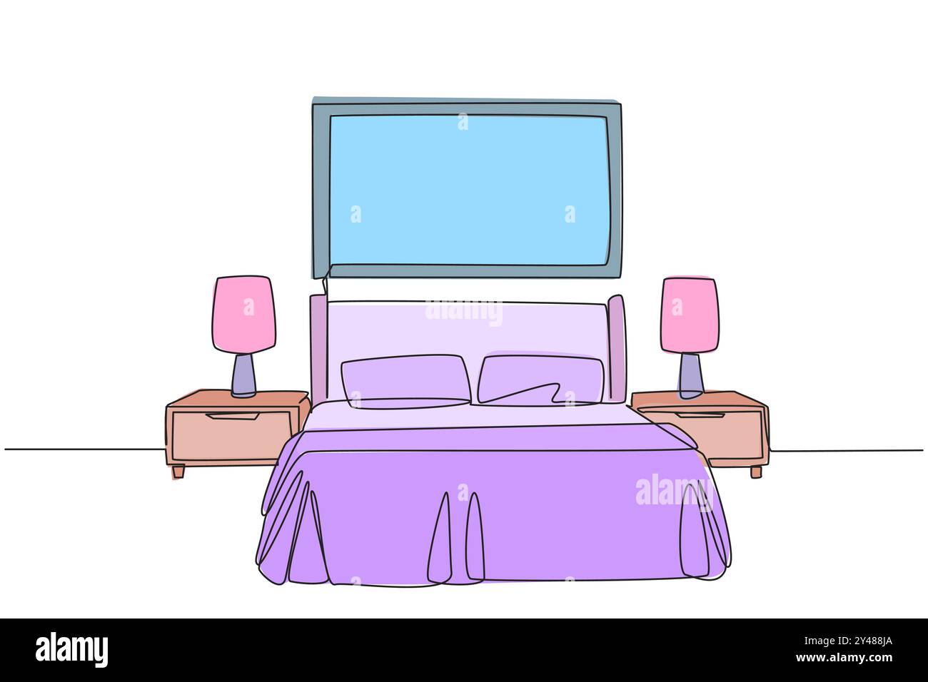 Continuous one line drawing stylish room with full furniture modern. A ...