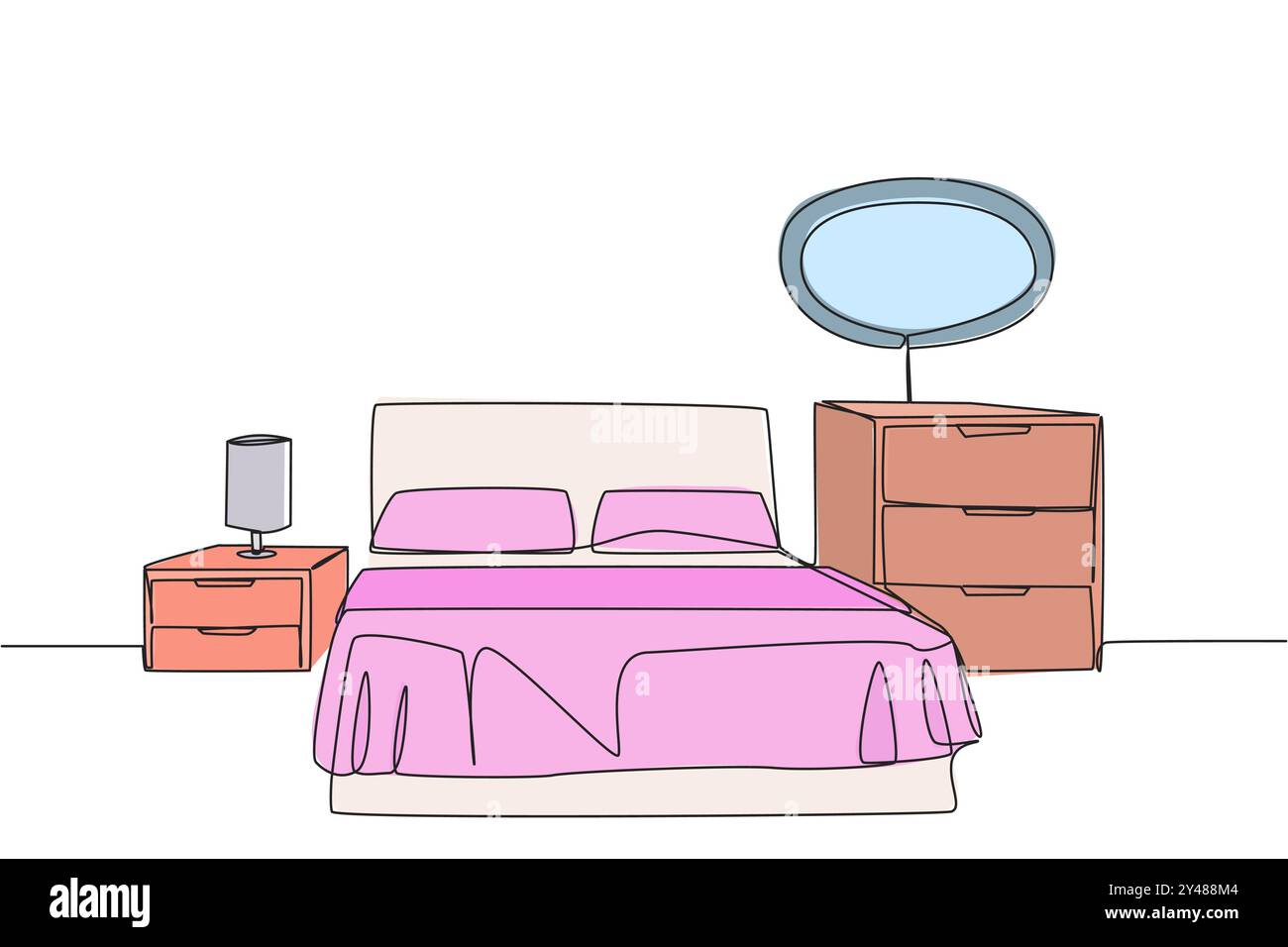 Single continuous line drawing stylish room with full furniture modern ...