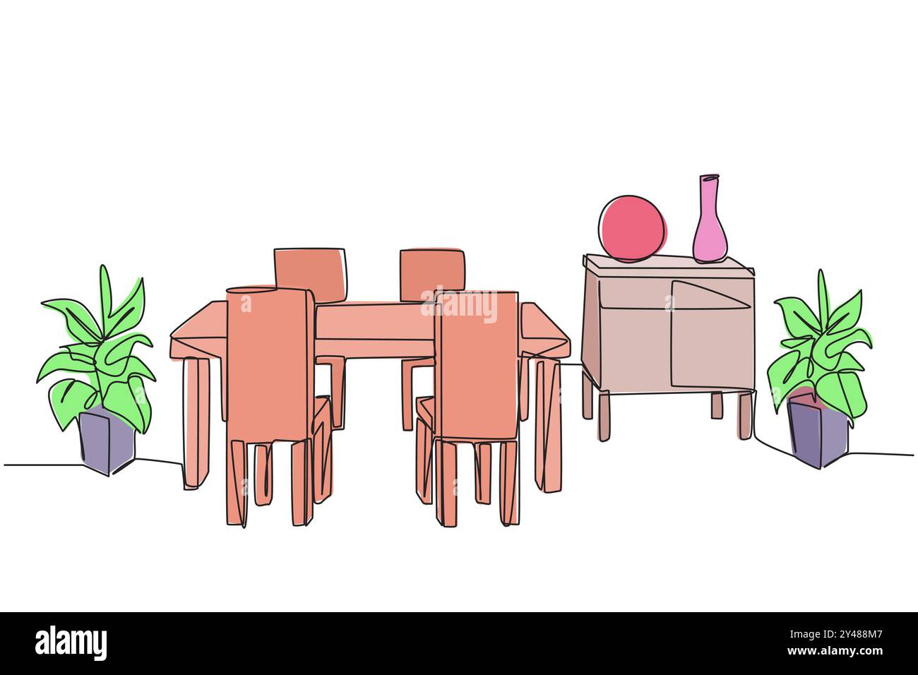 Single continuous line drawing stylish dining room with full furniture ...