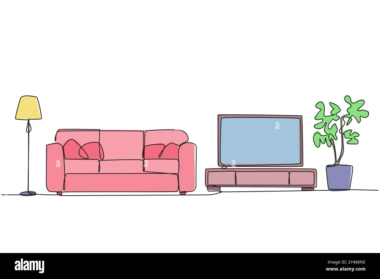 Continuous one line drawing stylish family room with full furniture ...