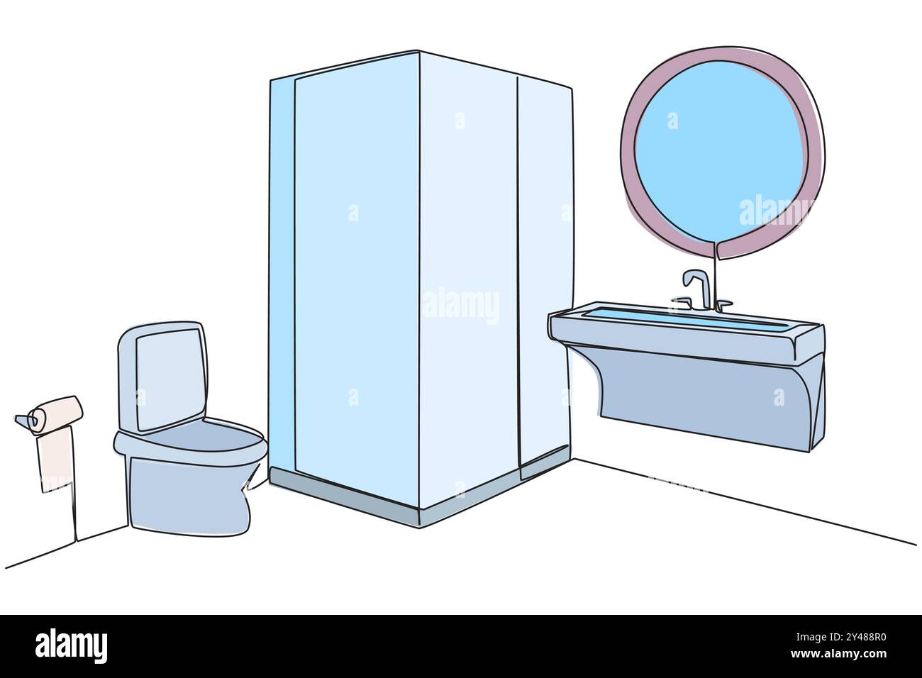 Single continuous line drawing stylish bathroom with full furniture ...