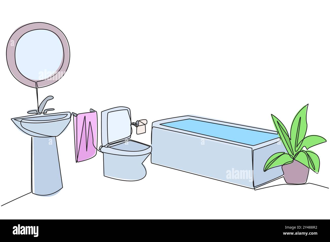 Single continuous line drawing stylish bathroom with full furniture ...