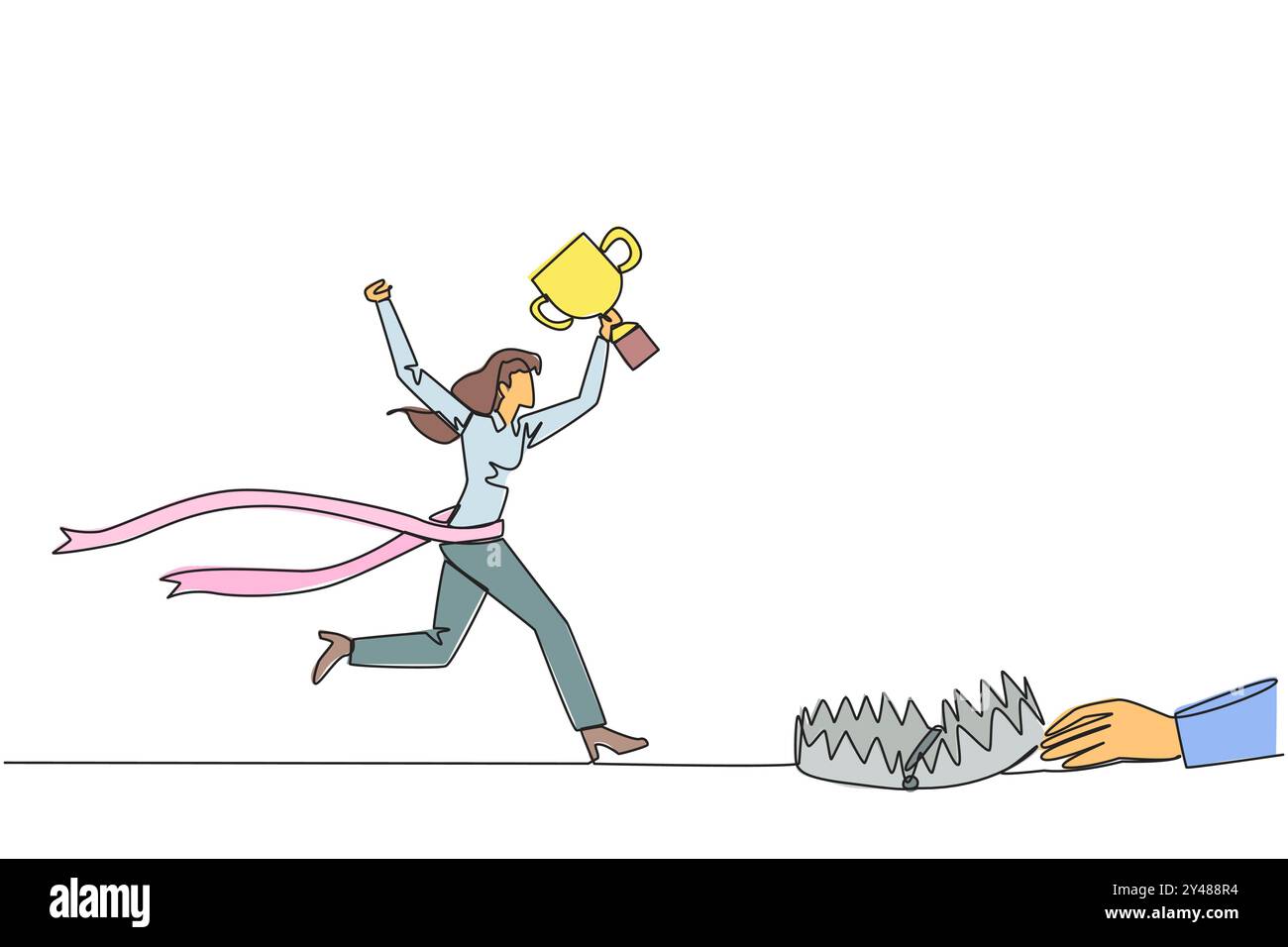 Continuous one line drawing businesswoman running with trophy ...
