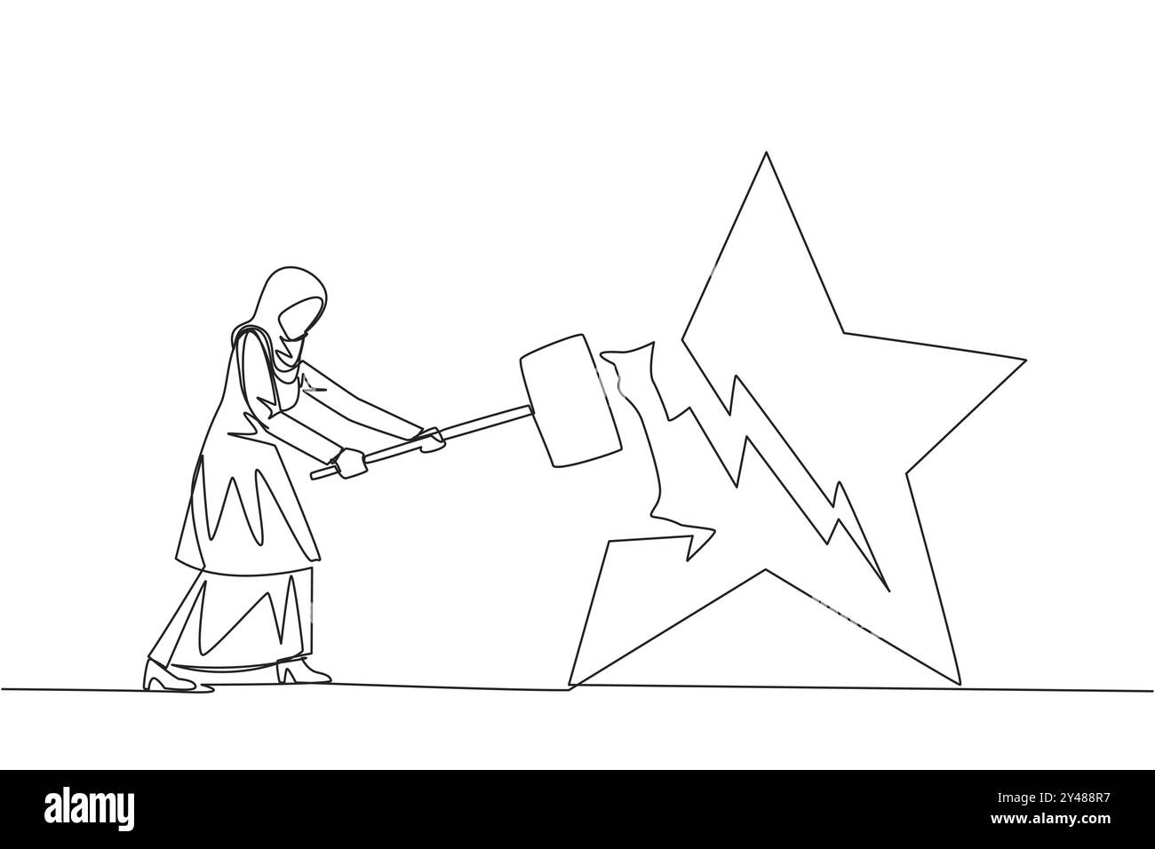 Single continuous line drawing Arabian businesswoman preparing to hit ...