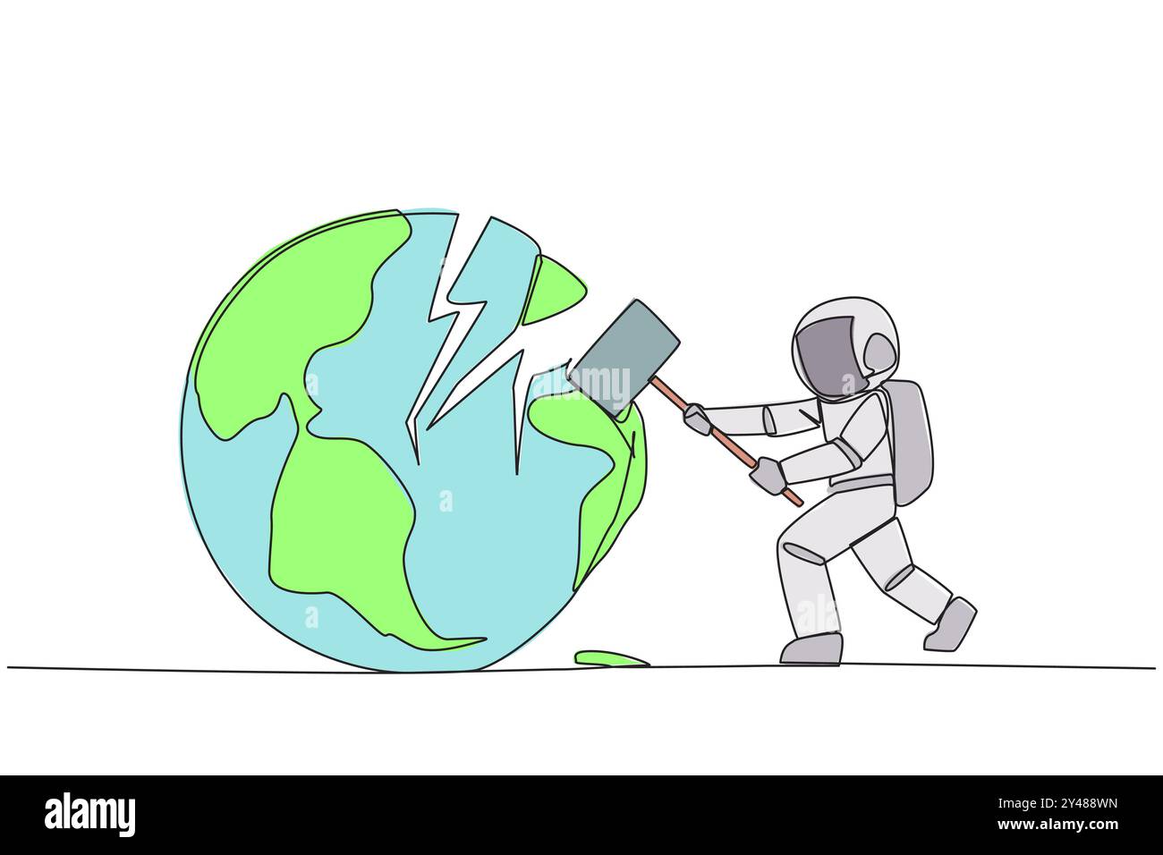 Continuous one line drawing astronaut preparing to hit the big globe ...