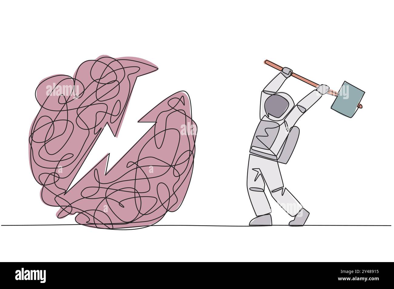 Single one line drawing young astronaut preparing to hit big mess ...