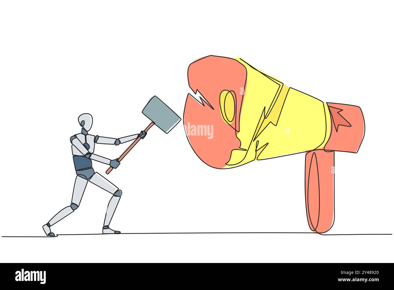 Continuous one line drawing smart robot preparing to hit the big ...