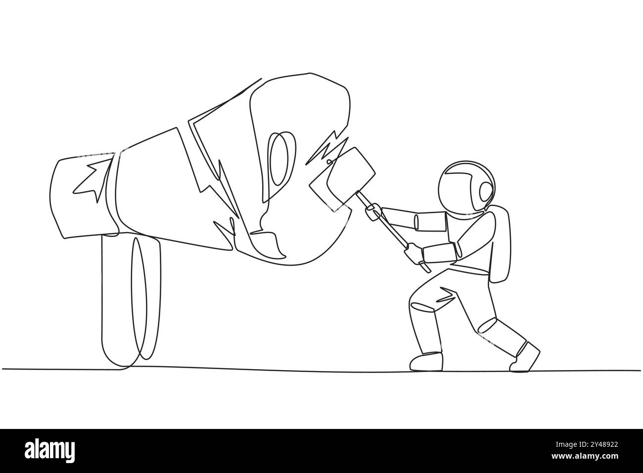 Single one line drawing young astronaut preparing to hit the big ...