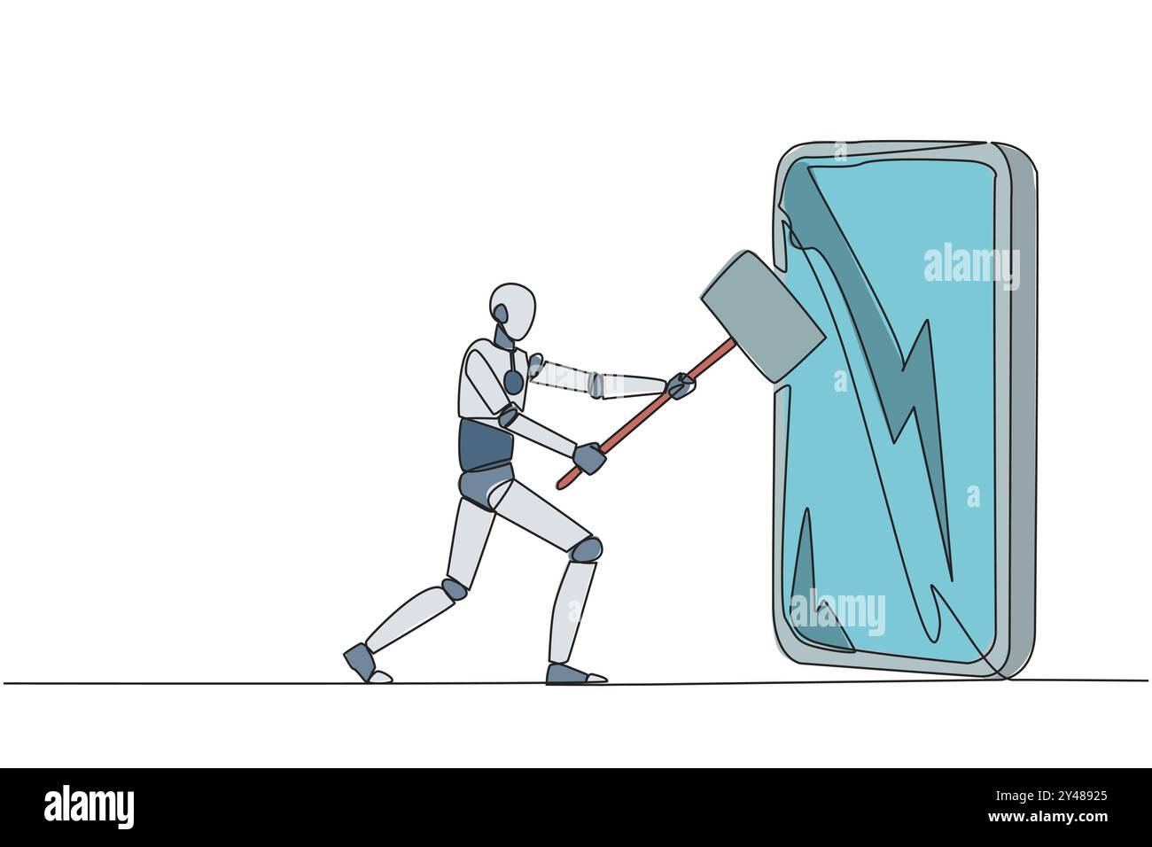 Single continuous line drawing smart robotic preparing to hit big ...