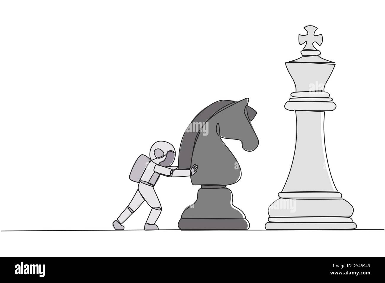 Continuous one line drawing young energetic astronaut push huge horse chess piece. Business ...