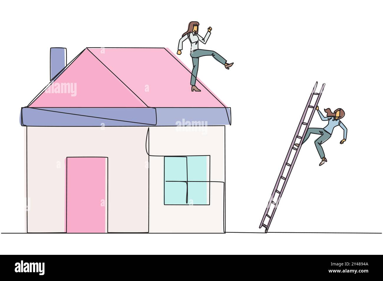 Single continuous line drawing businesswoman kicks opponent who climbs ...