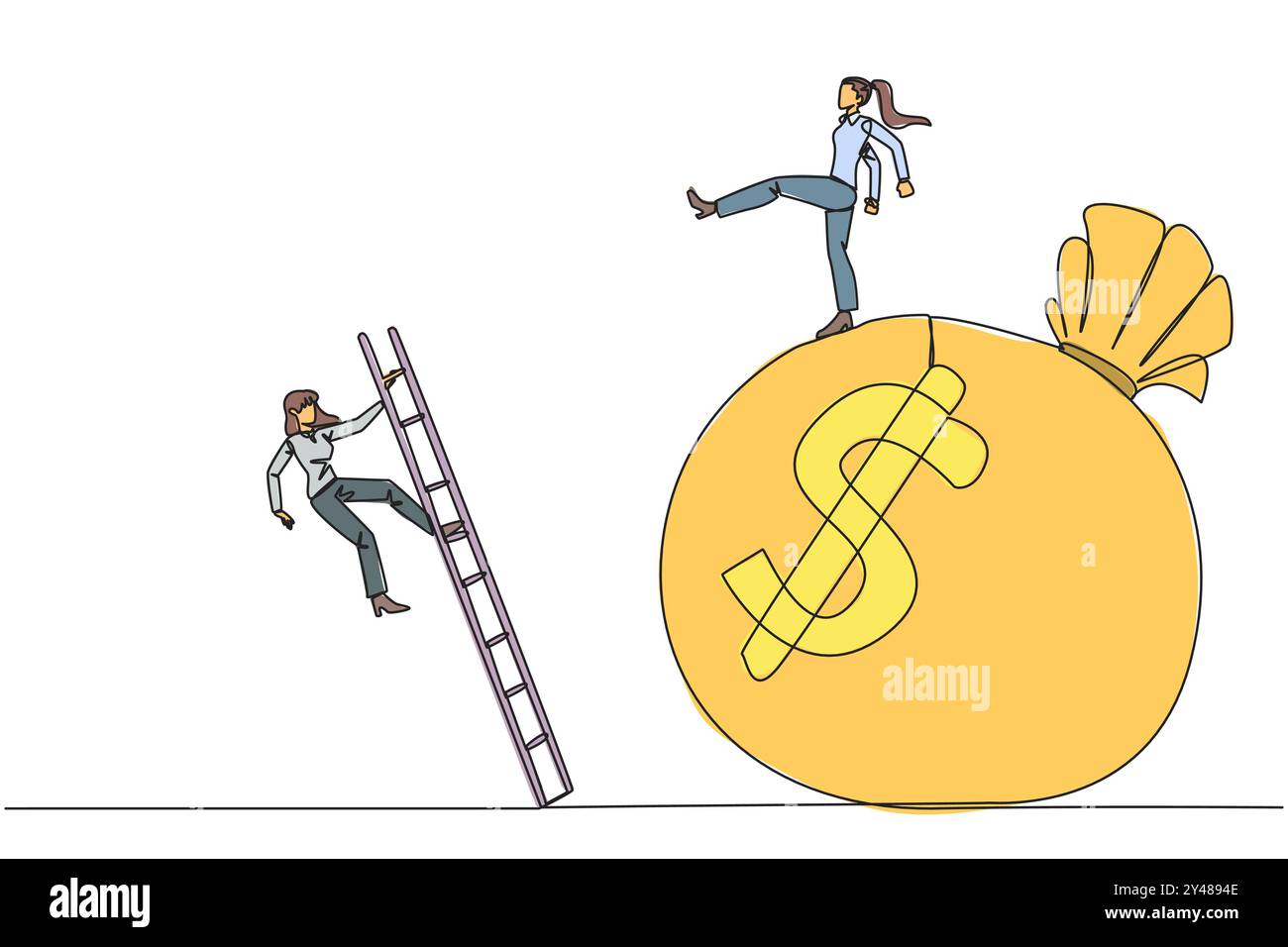 Single one line drawing businesswoman kicks opponent who climbing the ...