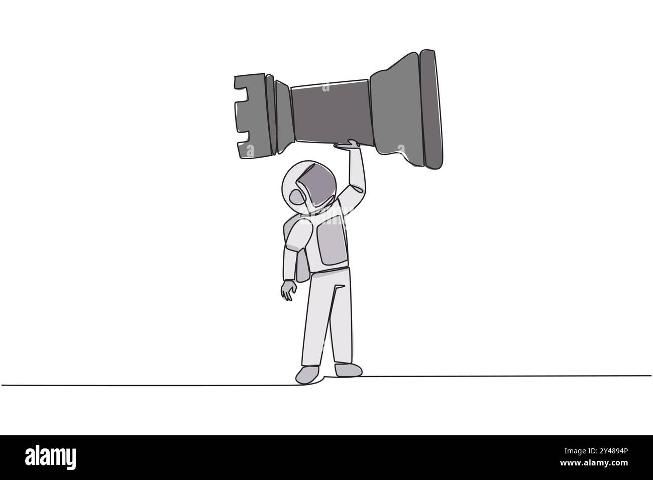 Continuous one line drawing young astronaut holding, lifting rook chess piece. Successful ...