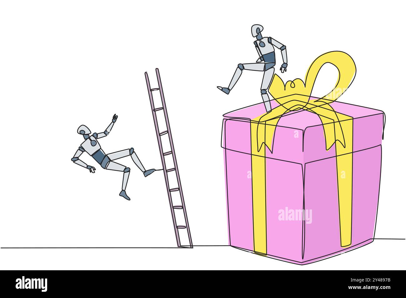 Single continuous line drawing the smart robot kicks opponent who is ...