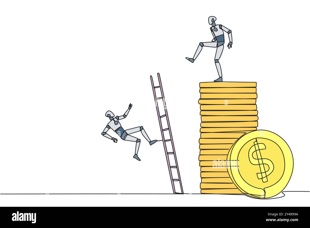 Continuous one line drawing the robot kicks opponent who climbing a ...