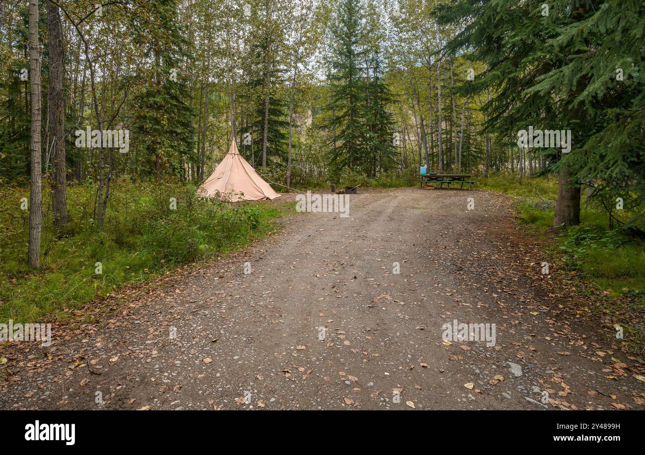 Tent at a campsite on the shore of the Yukon River at Dawson City ...