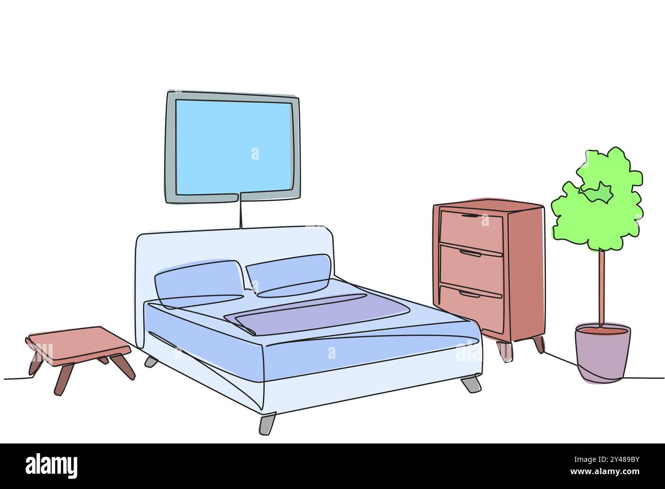 Continuous one line drawing stylish room with full furniture modern ...