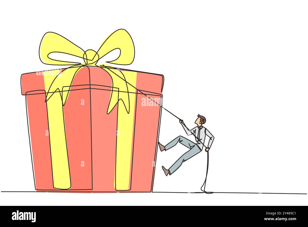 Single continuous line drawing businessman climbing gift box with rope ...