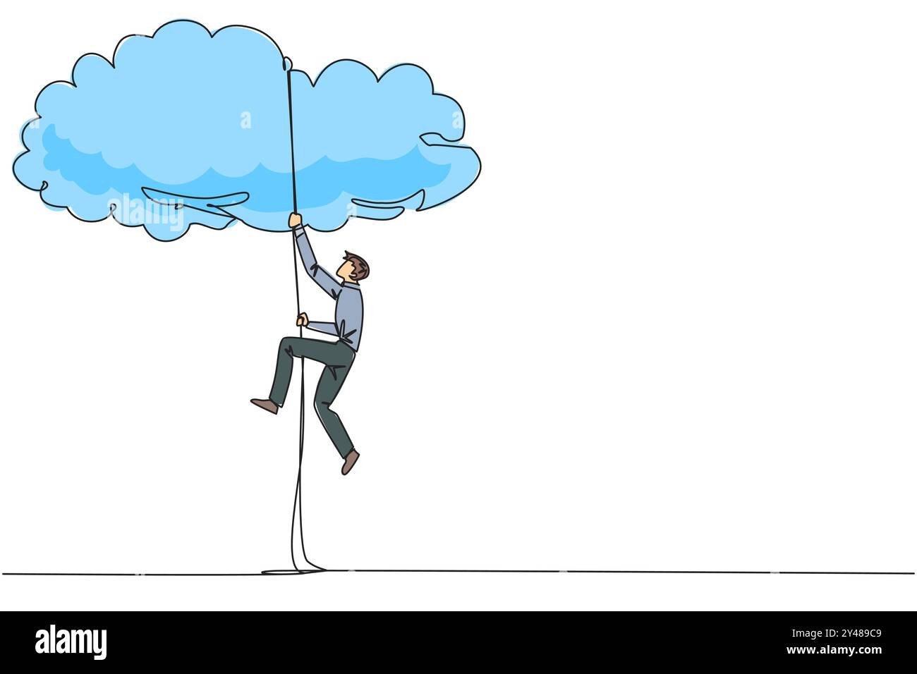 Continuous one line drawing businessman climbing clouds with rope. A ...