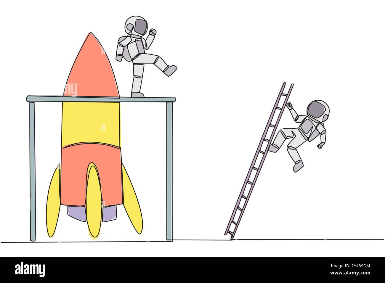 Single continuous line drawing astronaut kicks opponent who climbing ...