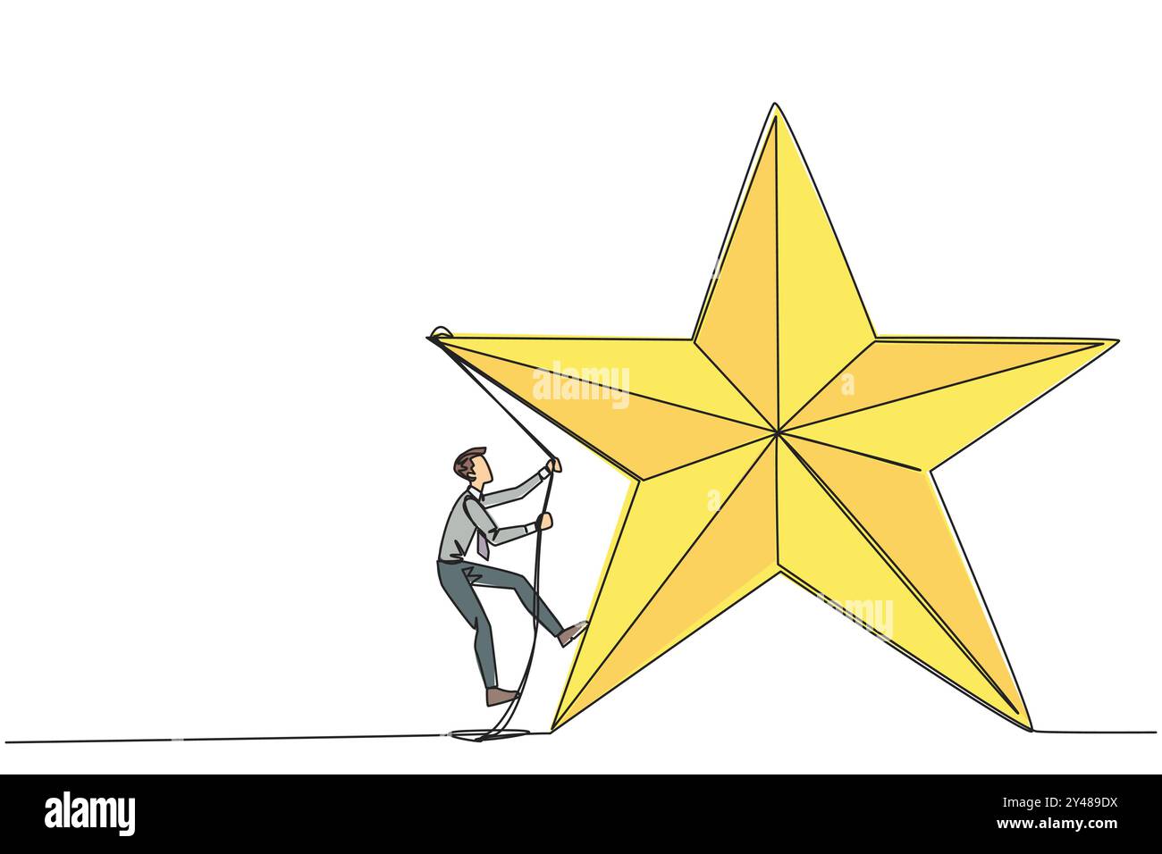 Continuous one line drawing businessman climbing star with rope ...