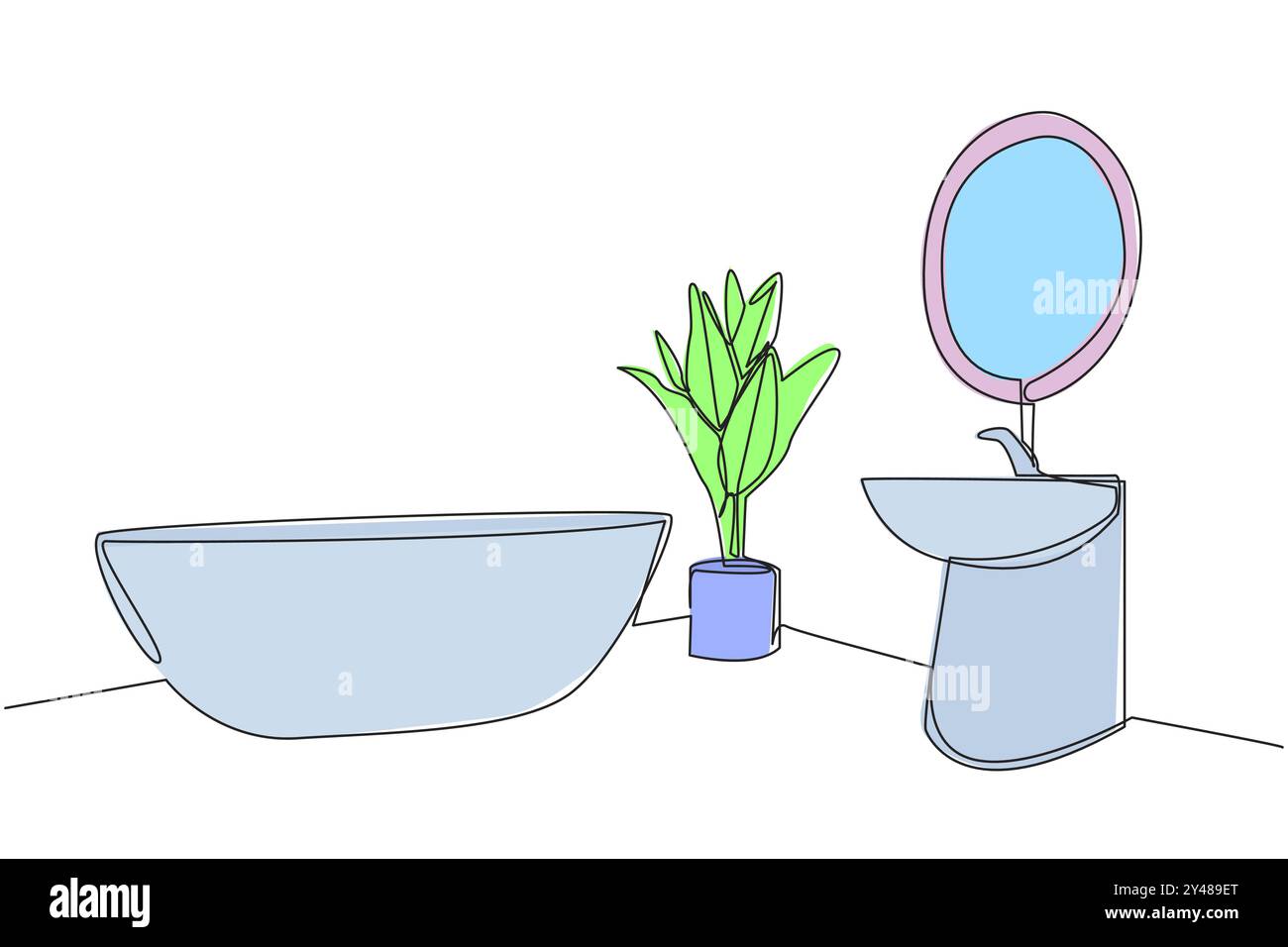 Continuous one line drawing stylish bathroom with furniture modern. There is a mini bathtub and ...
