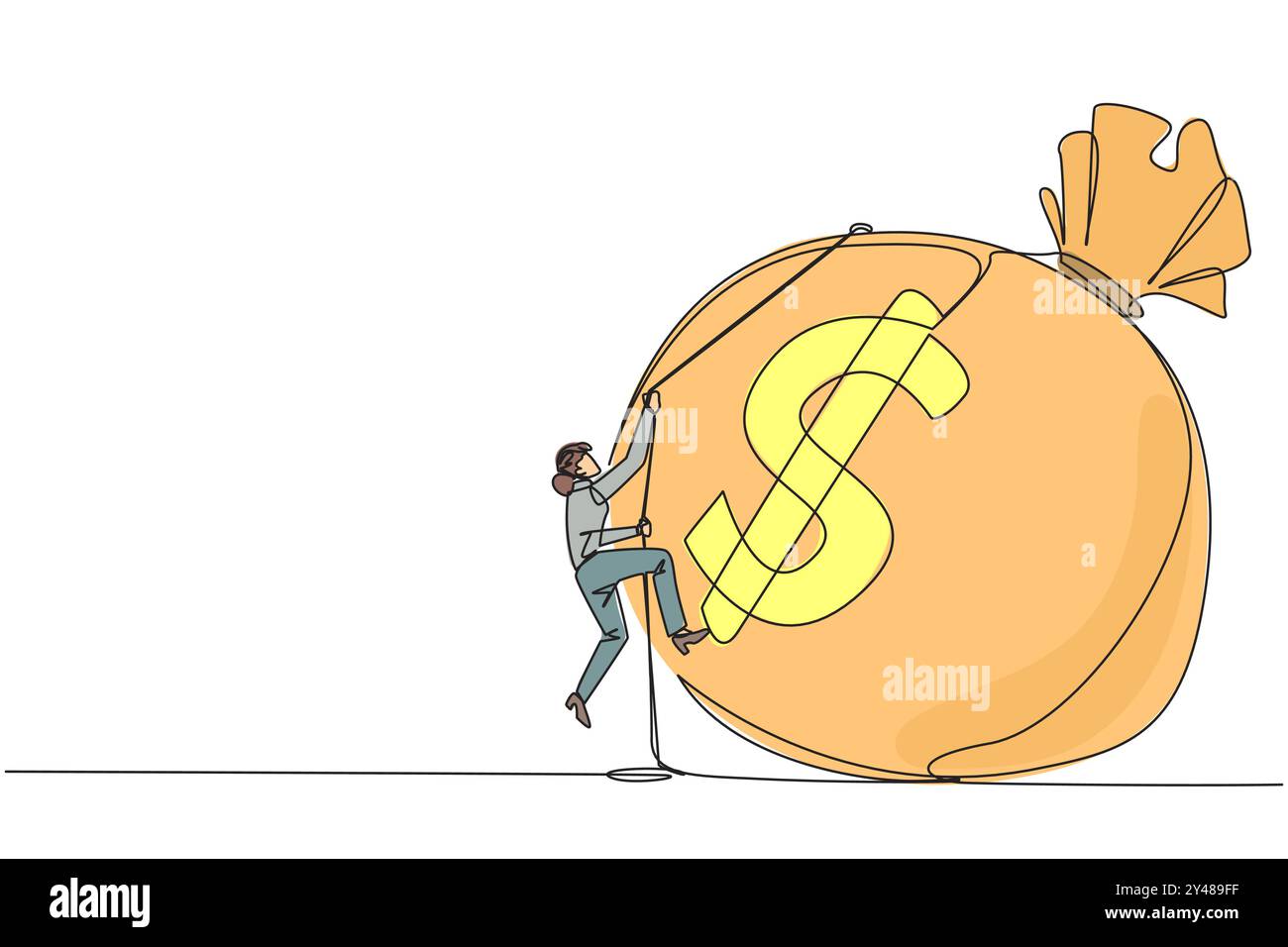 Continuous one line drawing businesswoman climbing money bag with rope ...