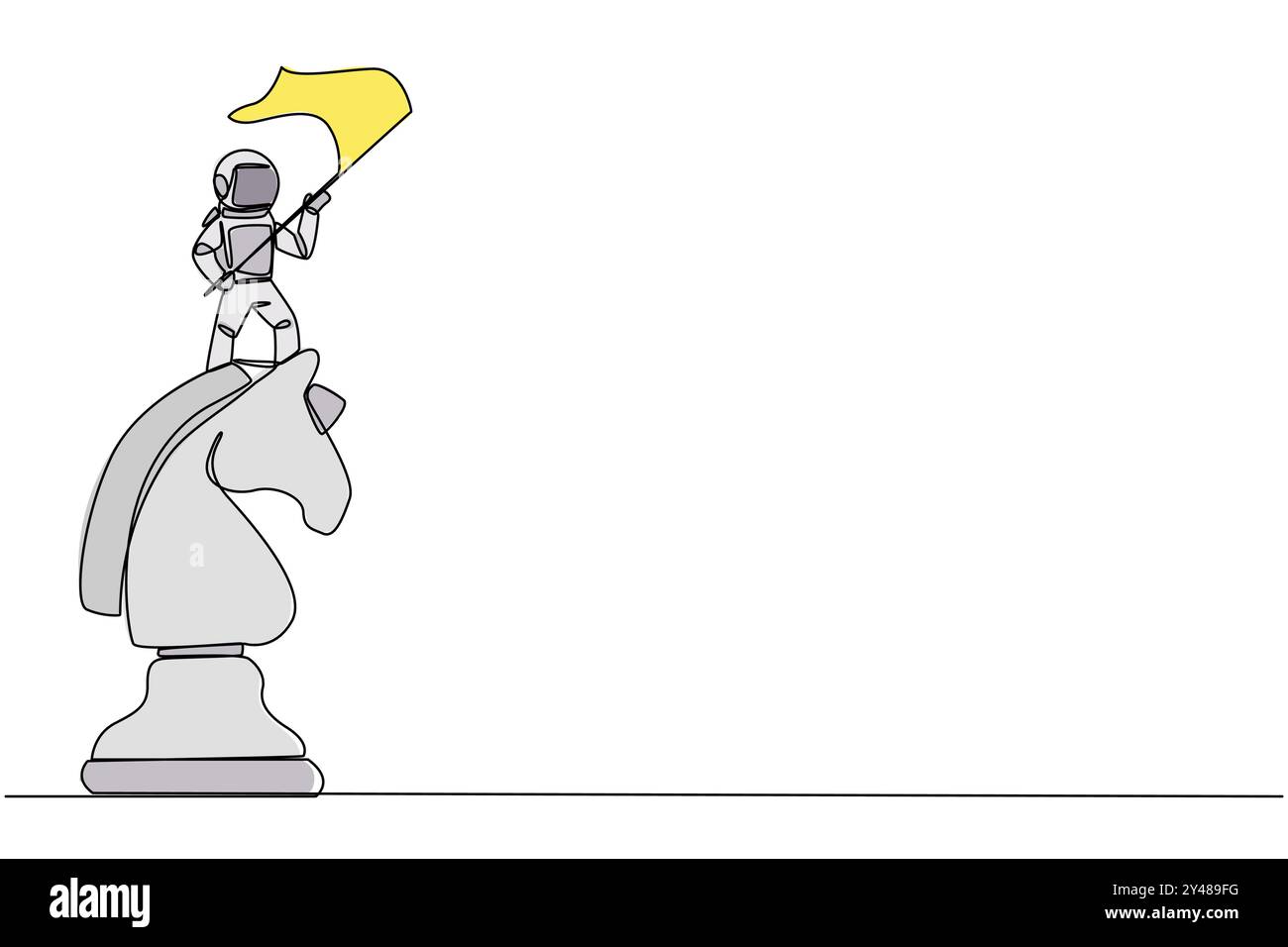 Continuous one line drawing young energetic astronaut standing on top of big horse chess and ...