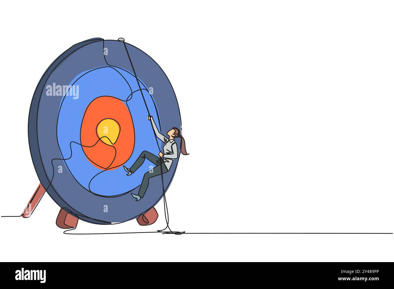 Single one line drawing businesswoman climbs arrow board target with ...