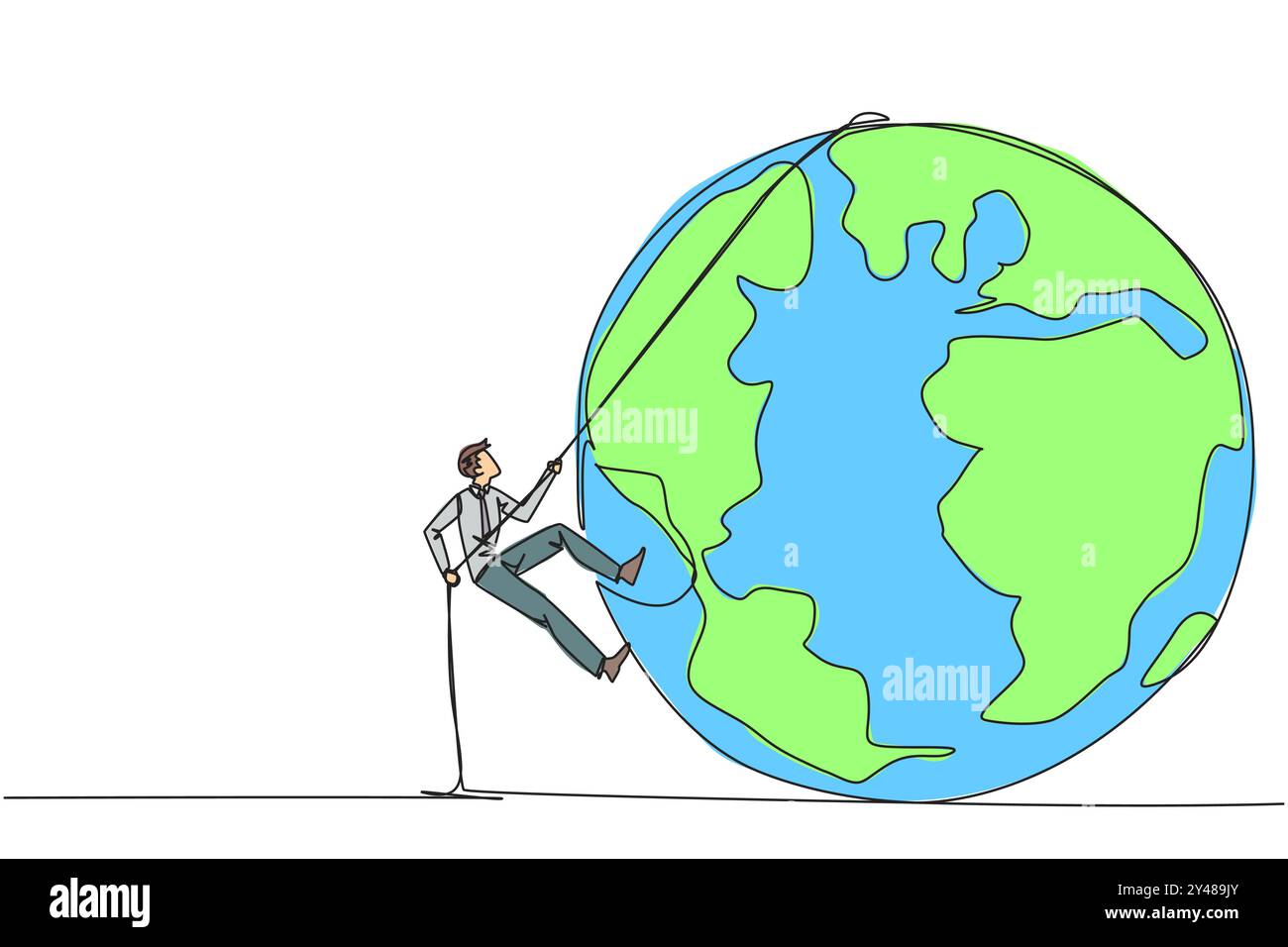Continuous one line drawing businessman climbing globe with rope ...