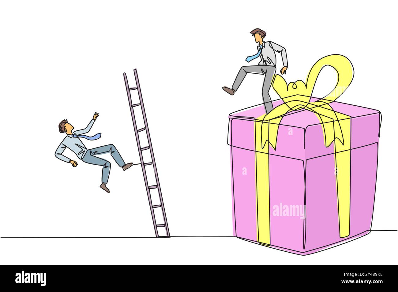 Continuous one line drawing businessman kicks opponent who is climbing ...