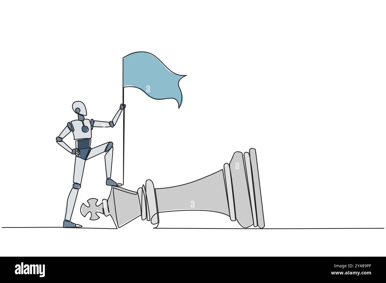 Single continuous line drawing smart robot holding flag, defeat ...