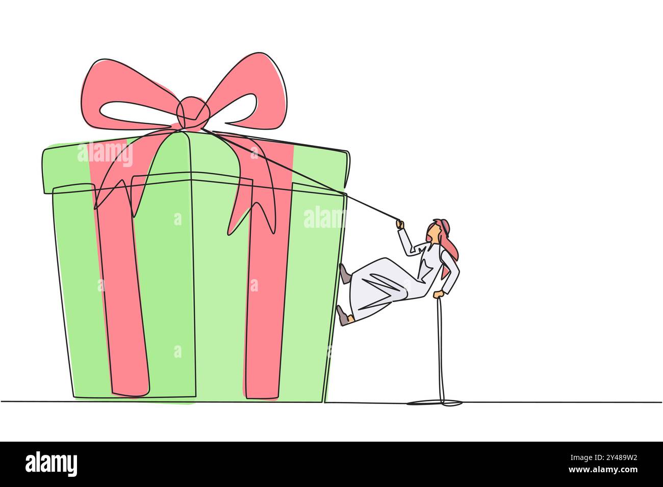 Continuous one line drawing Arabian businessman climbs gift box with ...