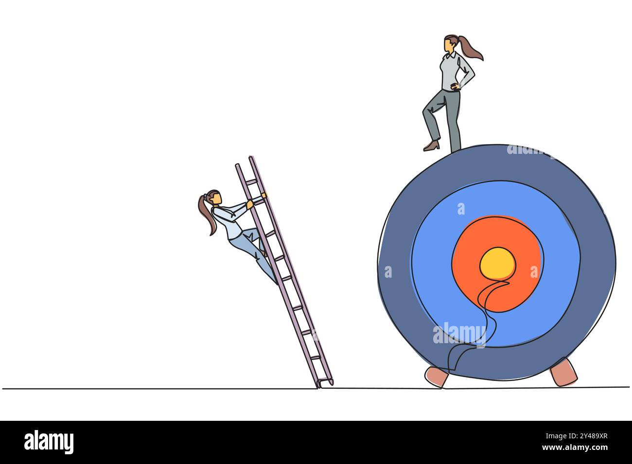 Continuous one line drawing businesswoman kicks colleague who climbs ...