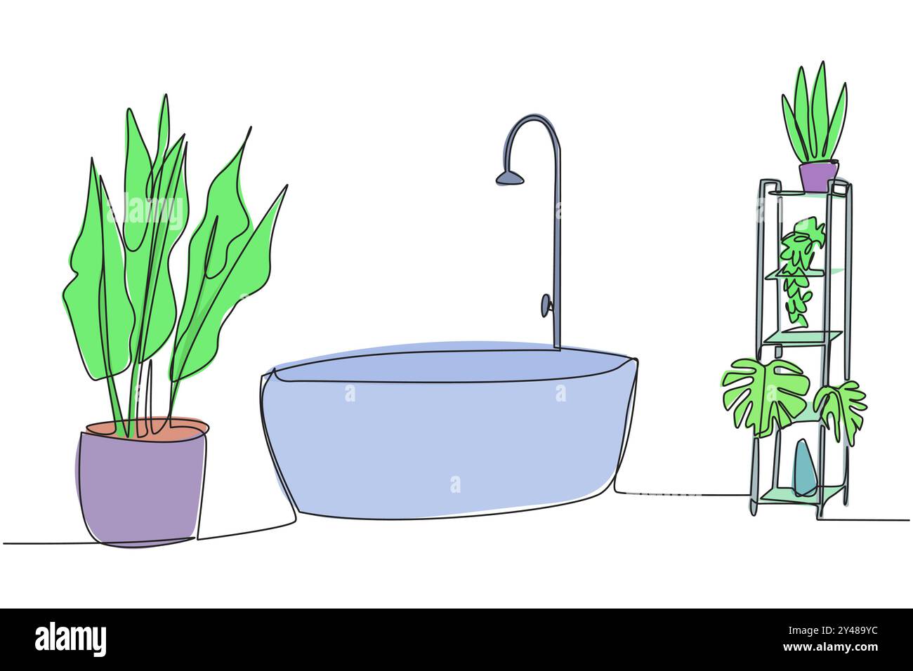 Continuous one line drawing stylish bathroom with furniture modern ...