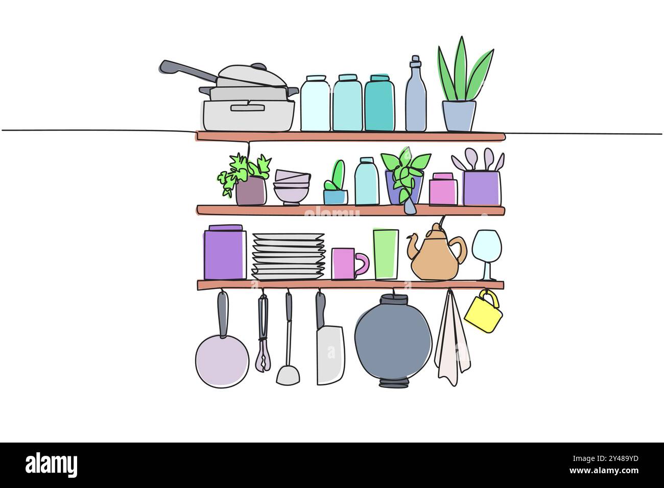 Single one line drawing cooking utensils in one vector image. Wall rack ...