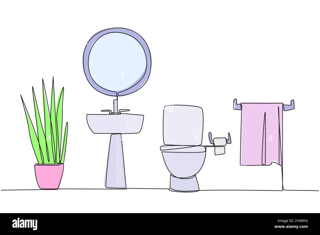 Continuous one line drawing stylish toilet with full furniture modern ...