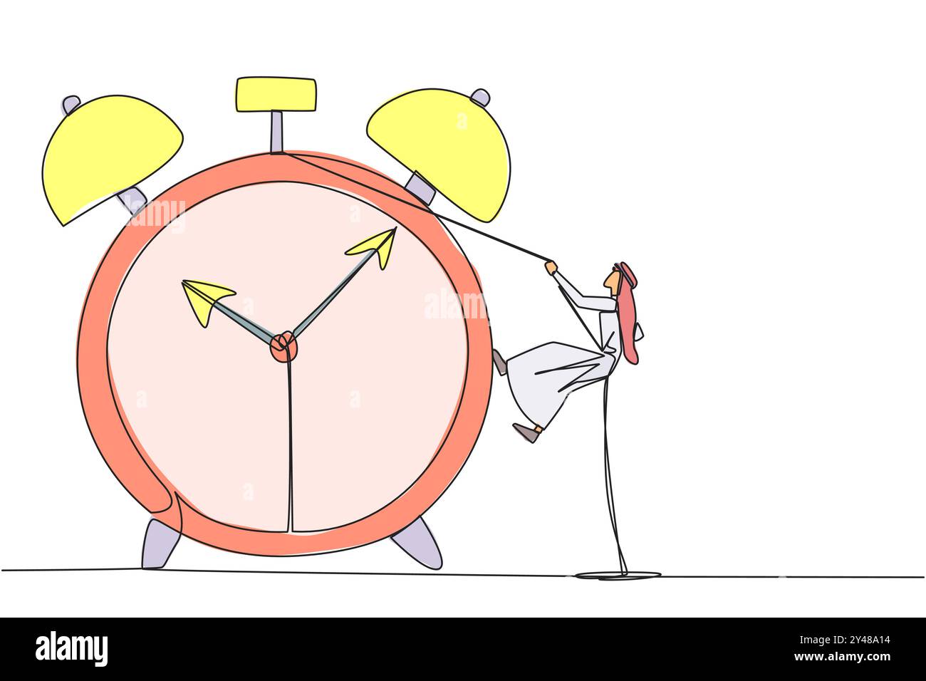 Single continuous line drawing Arab businessman climbing alarm clock ...