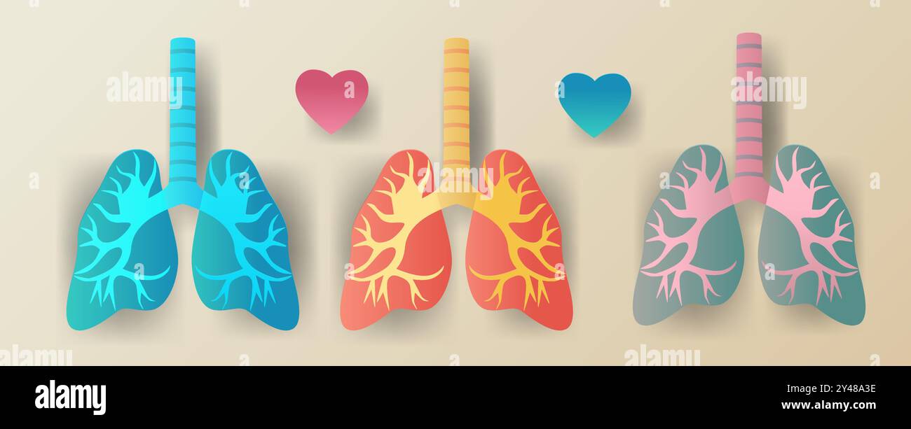 Lungs anatomy concept three colorful lungs with hearts paper cut style ...